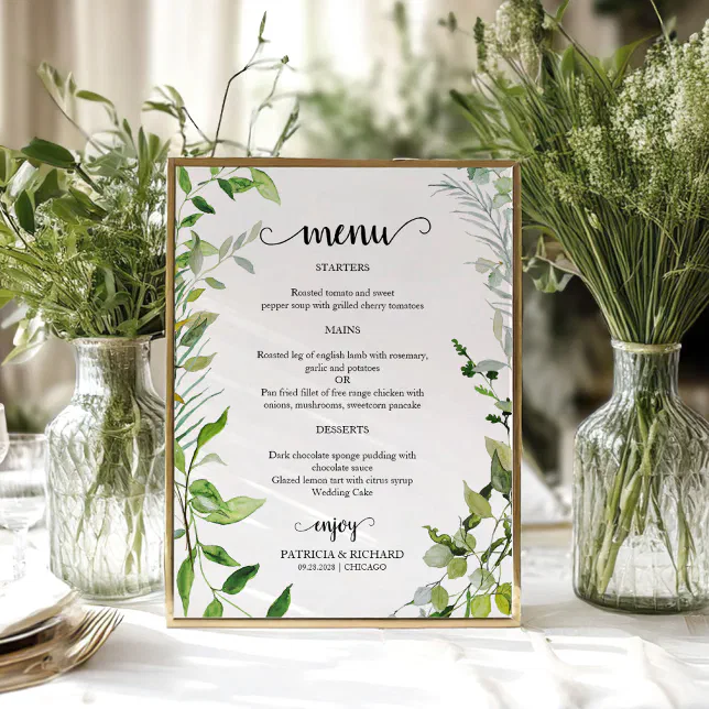 Elegant Botanical Watercolor Greenery Wedding Menu Poster | Zazzle