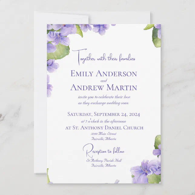 Elegant Botanical Watercolor Violets Wedding Invitation | Zazzle