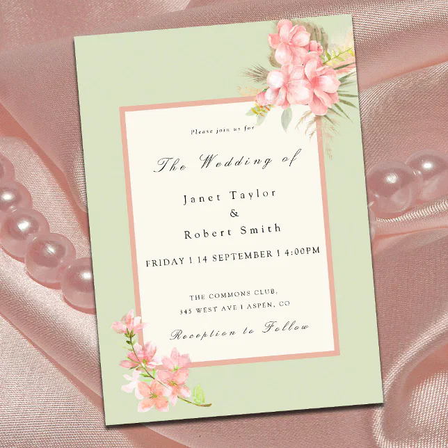 Elegant Bouquet Sage Green & Pink Border Wedding Invitation | Zazzle