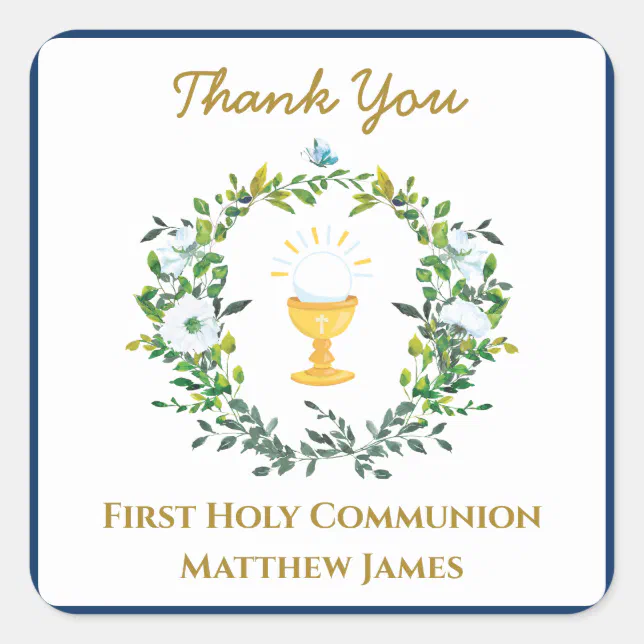 Elegant Boys Navy Floral First Holy Communion Square Sticker | Zazzle