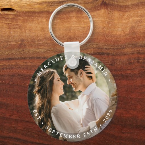 Elegant Bride Groom Modern Photo Name Date Wedding Keychain | Zazzle