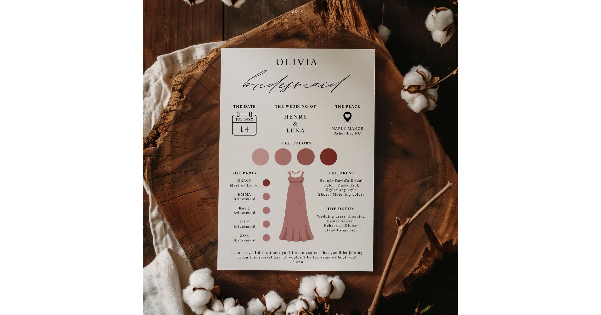 Elegant Bridesmaid Bridal Party Info Card | Zazzle