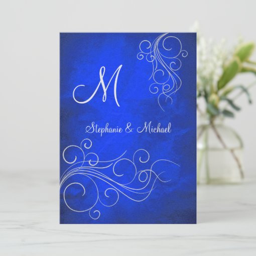 Elegant Bright Blue Silver Monogram Wedding Invitation | Zazzle