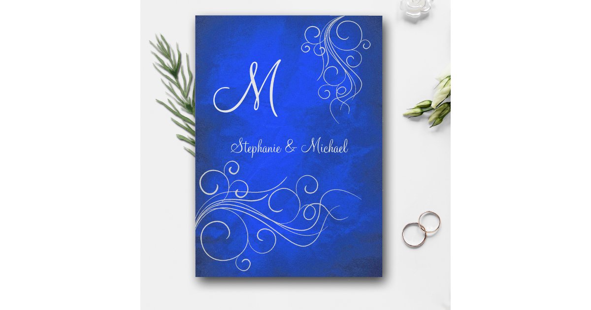 Elegant Bright Blue Silver Monogram Wedding Invitation | Zazzle