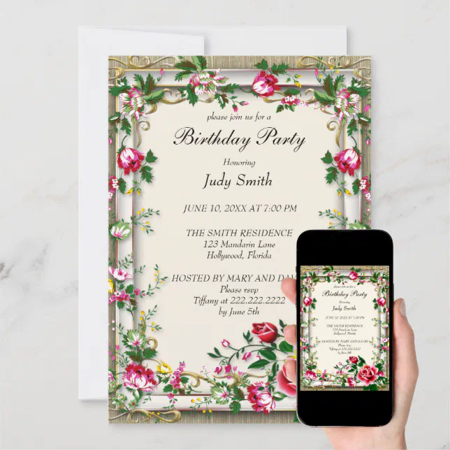 Elegant Bright Pink Floral Birthday Invitation | Zazzle