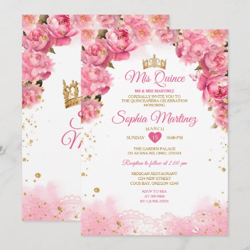 Elegant Bright Pink Flowers Gold Girl Mis Quince Invitation | Zazzle