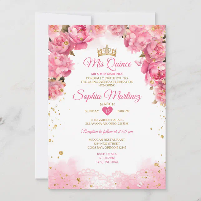 Elegant Bright Pink Flowers Gold Girl Mis Quince Invitation | Zazzle