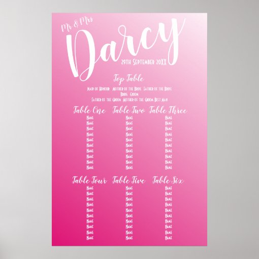Elegant Bright Pink Seating Chart | Zazzle
