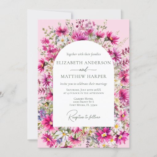 Elegant Bright Pink Wildflowers Floral Wedding Invitation | Zazzle