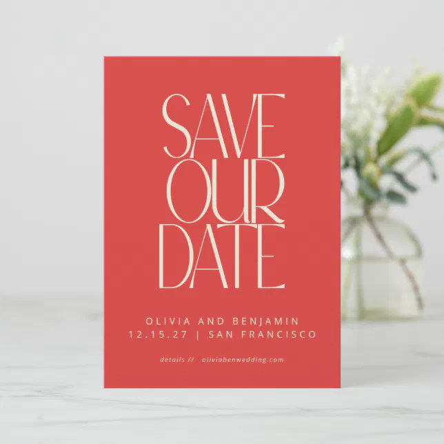 Elegant Bright Red Mid Century Modern Typography Save The Date | Zazzle