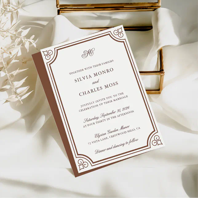 Elegant Brown & Ecru Classic Script Wedding Invitation | Zazzle