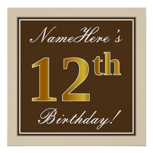 Elegant, Brown, Faux Gold 12th Birthday + Name Poster | Zazzle