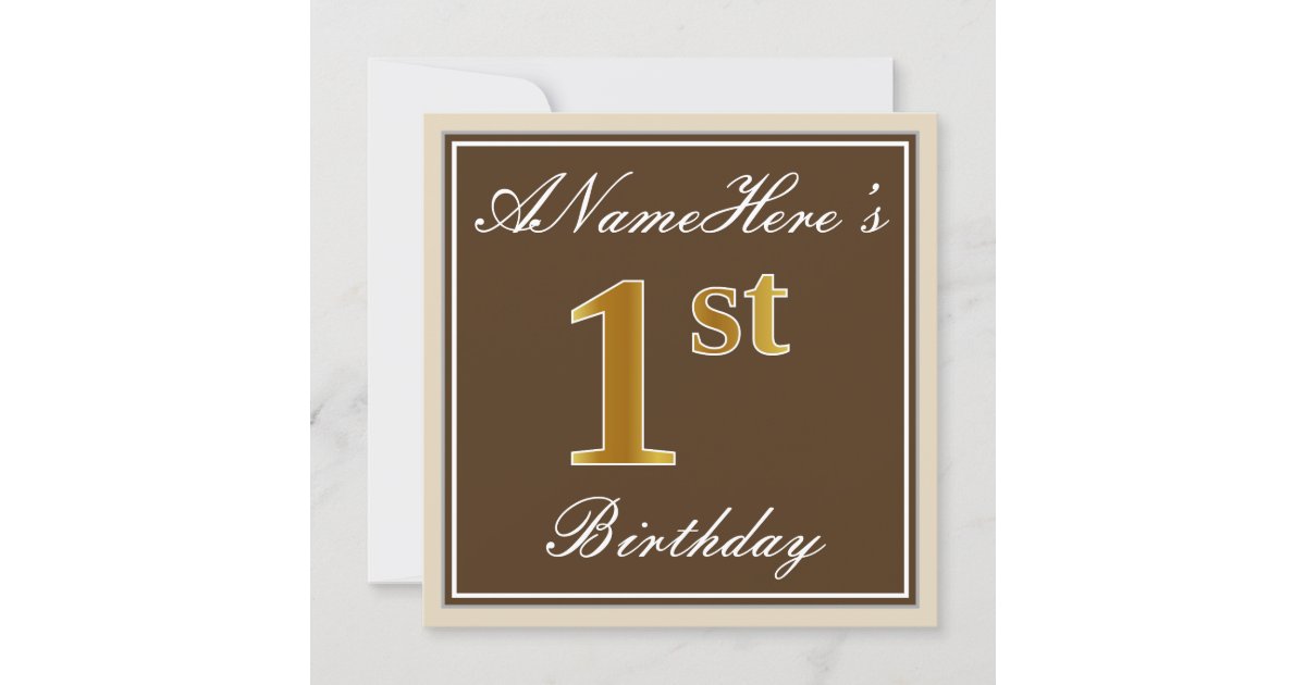 Elegant, Brown, Faux Gold 1st Birthday + Name Invitation | Zazzle