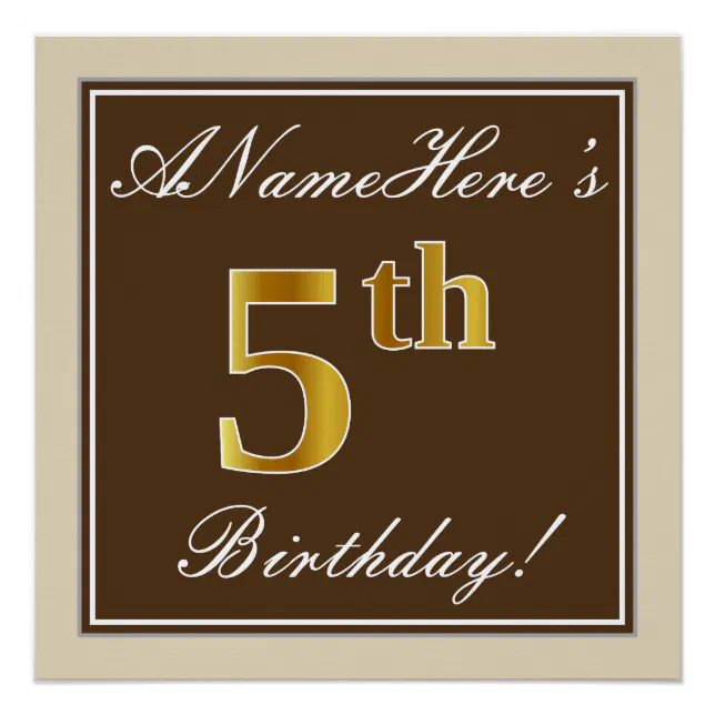 Elegant, Brown, Faux Gold 5th Birthday + Name Poster | Zazzle