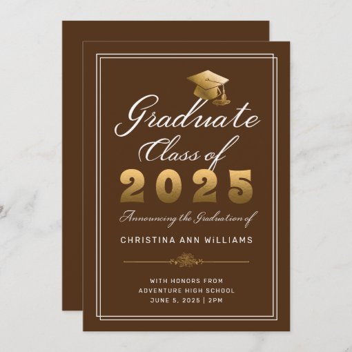 Elegant Brown Gold Script Class of 2025 Graduation Announcement | Zazzle