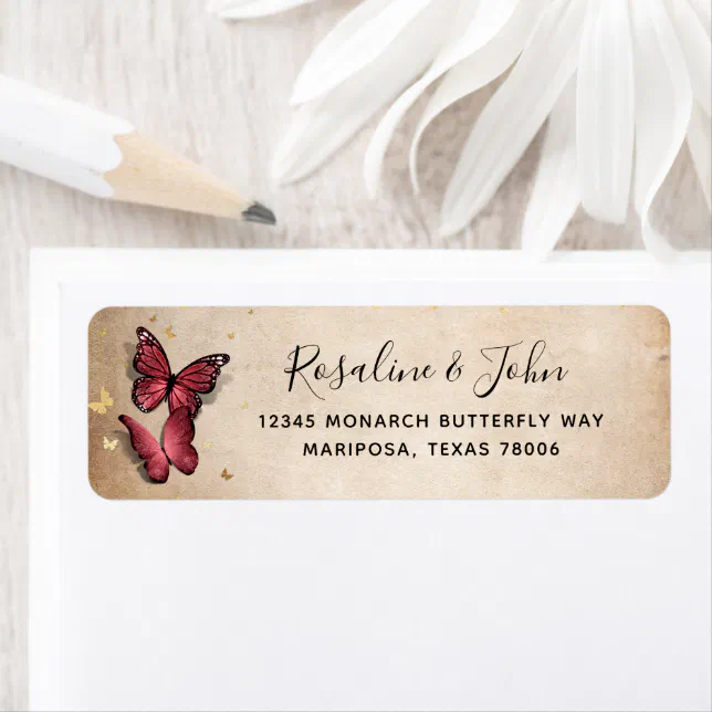 Elegant Burgundy and Gold Butterfly Return Address Label | Zazzle