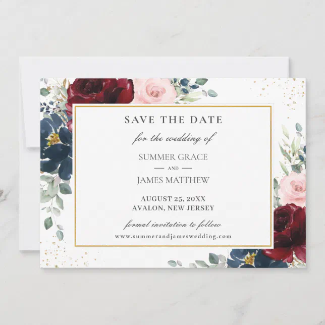 Elegant Burgundy Blush Blue Floral Roses Wedding Save The Date | Zazzle