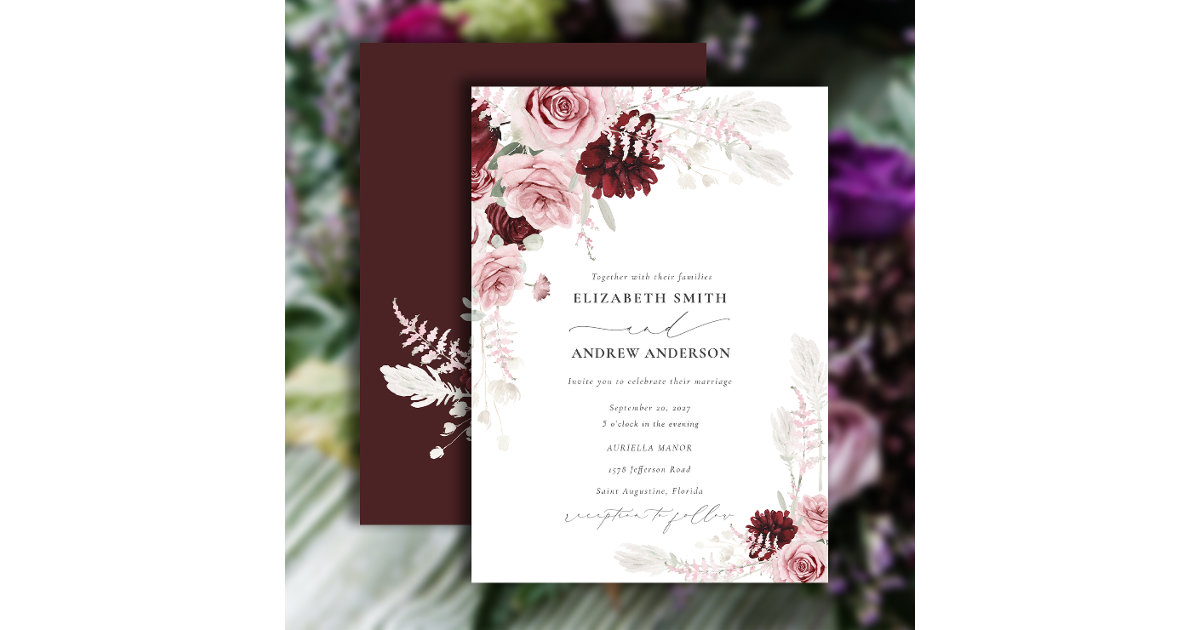 Elegant Burgundy Blush Pink Roses Floral Wedding Invitation | Zazzle