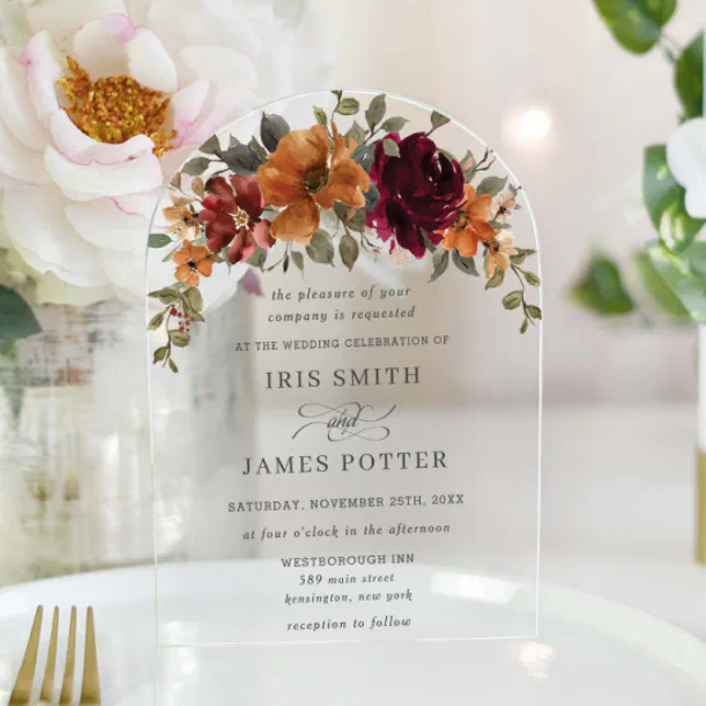 Elegant Burgundy Burnt Orange Rust Floral Wedding Acrylic Invitations ...