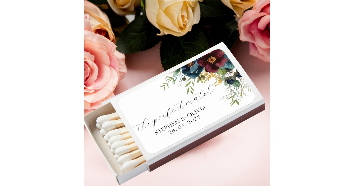 Elegant Burgundy Floral Blooms & Greenery wedding Matchboxes | Zazzle