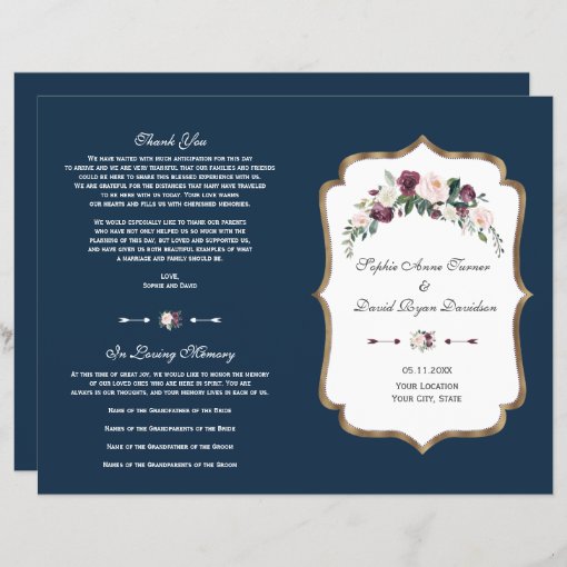 Elegant Burgundy Floral Gold Navy Blue Program | Zazzle