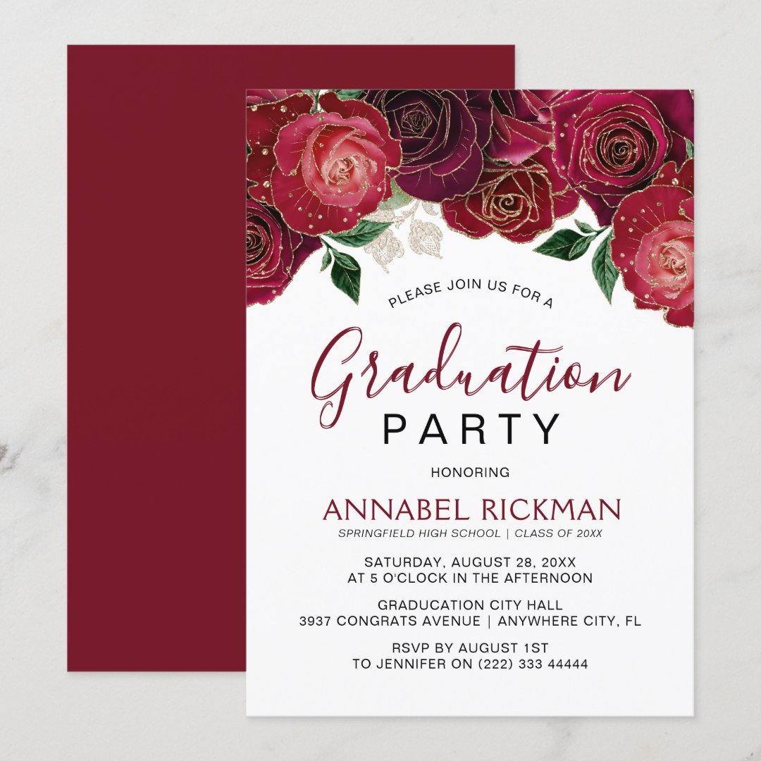 Elegant Burgundy Floral Graduation Party Invitation | Zazzle