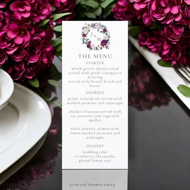 Elegant burgundy floral modern script menu card | Zazzle
