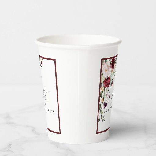 Elegant Burgundy Floral Watercolor Bridal Shower Paper Cups | Zazzle