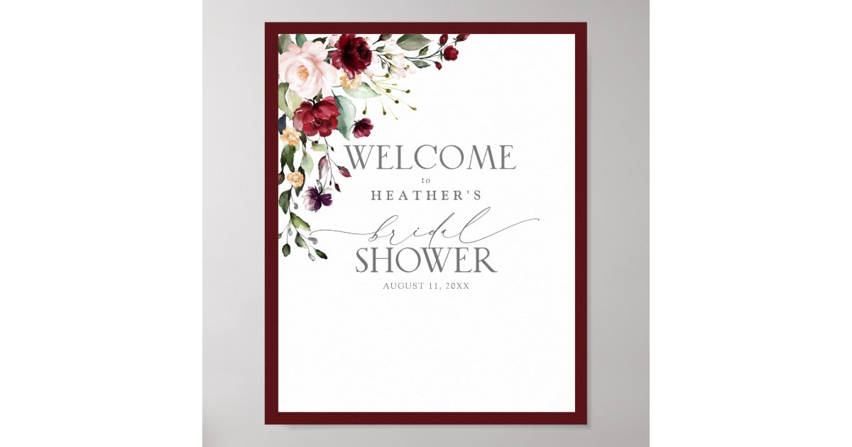 Elegant Burgundy Floral Watercolor Shower Welcome Poster | Zazzle