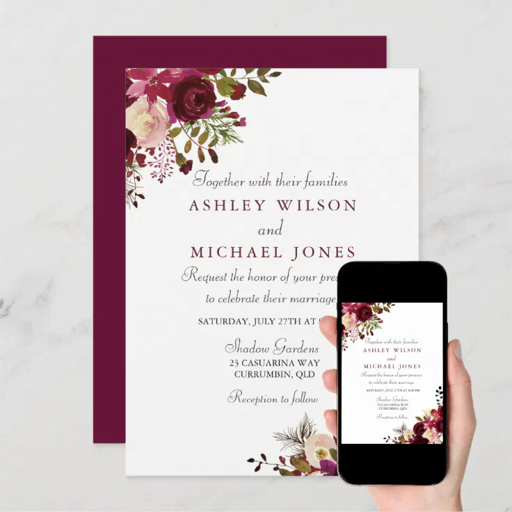Elegant Burgundy Floral Wedding Invitation | Zazzle