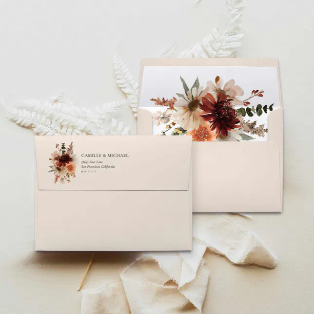Elegant Burgundy Floral Wedding Invitation Envelope | Zazzle