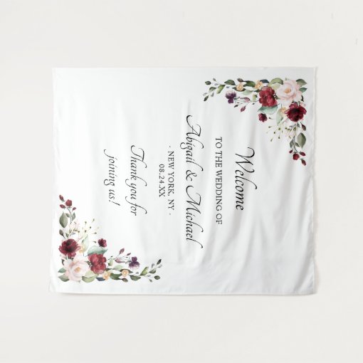 Elegant Burgundy Floral Wedding Welcome Sign Tapestry | Zazzle