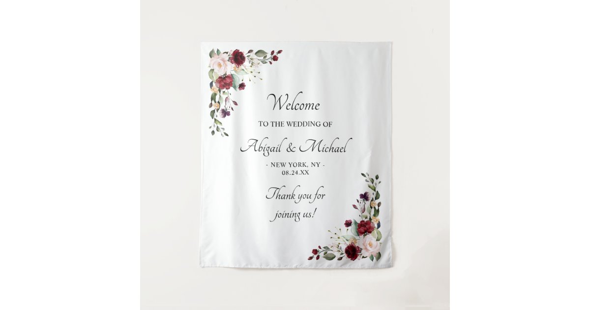 Elegant Burgundy Floral Wedding Welcome Sign Tapestry | Zazzle