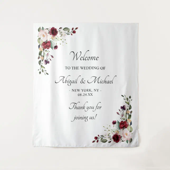 Elegant Burgundy Floral Wedding Welcome Sign Tapestry | Zazzle