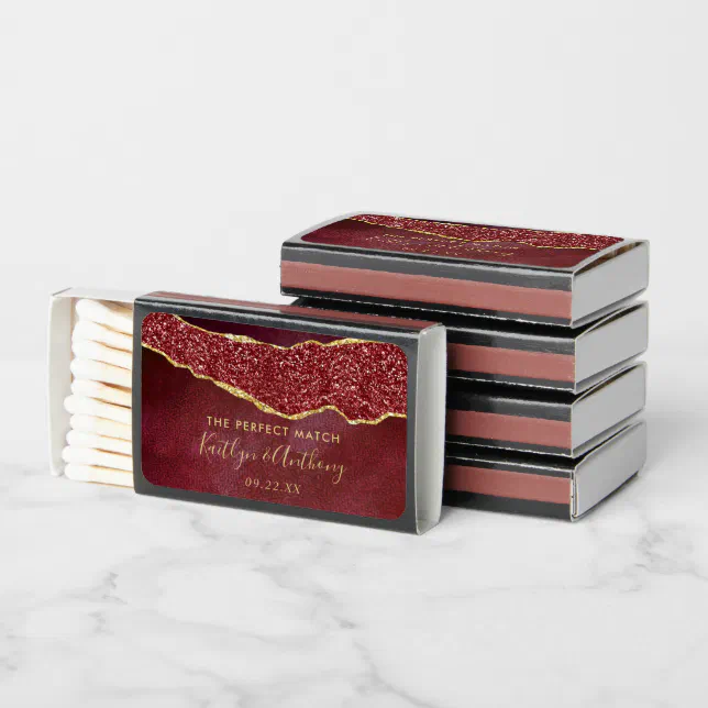 Elegant Burgundy & Gold Agate Wedding Matchboxes | Zazzle