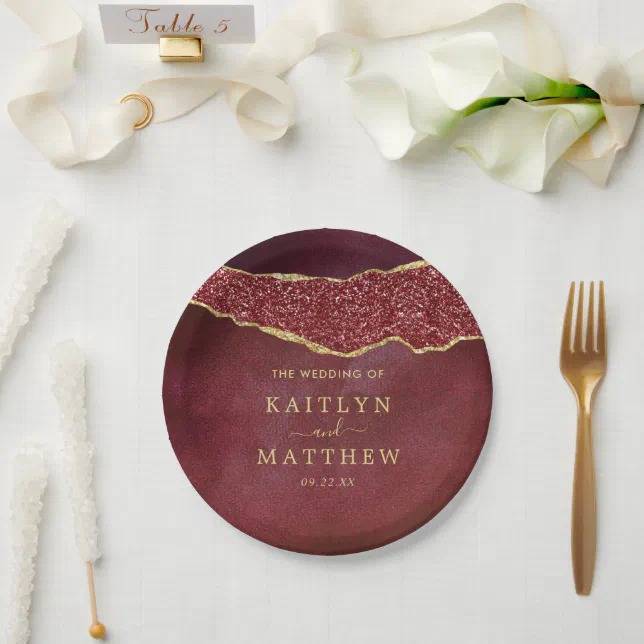 Elegant Burgundy & Gold Agate Wedding Paper Plates | Zazzle