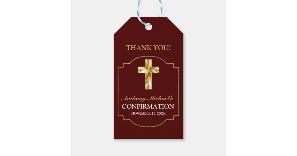 Elegant Burgundy Gold Boys Confirmation Gift Tags | Zazzle