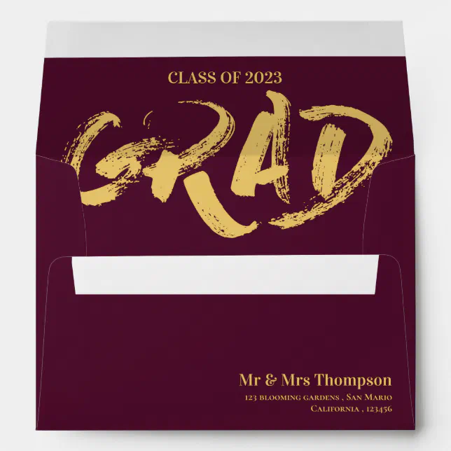 Elegant Burgundy Gold Brush Font Grad Graduation Envelope | Zazzle