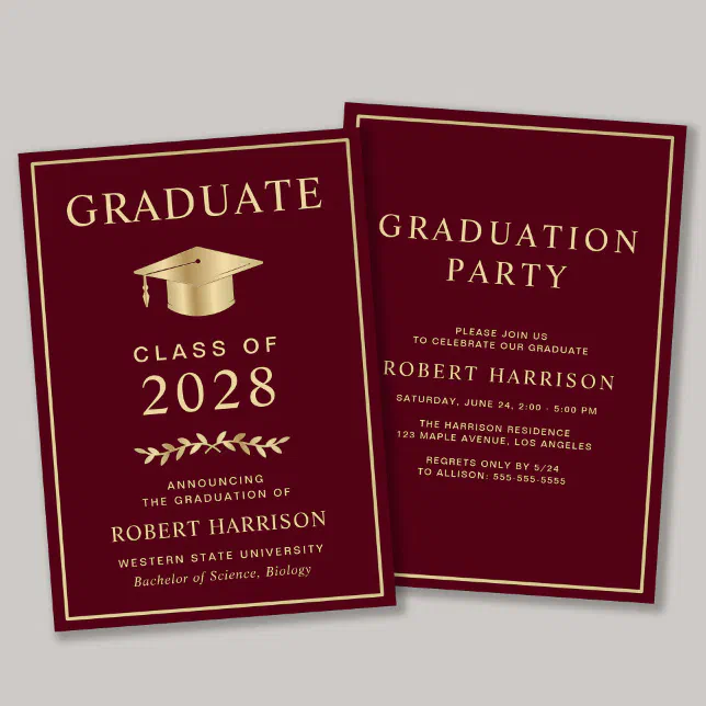 Elegant Burgundy Gold College Graduation Party Invitation | Zazzle