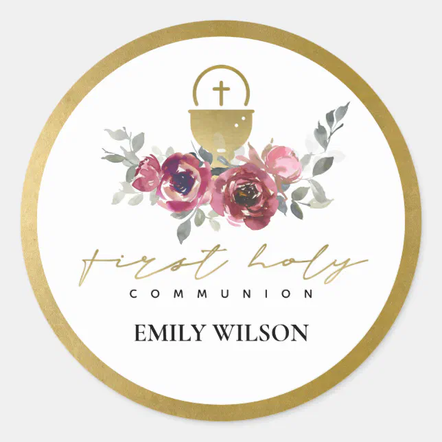 ELEGANT BURGUNDY GOLD FLORAL FIRST HOLY COMMUNION CLASSIC ROUND STICKER ...