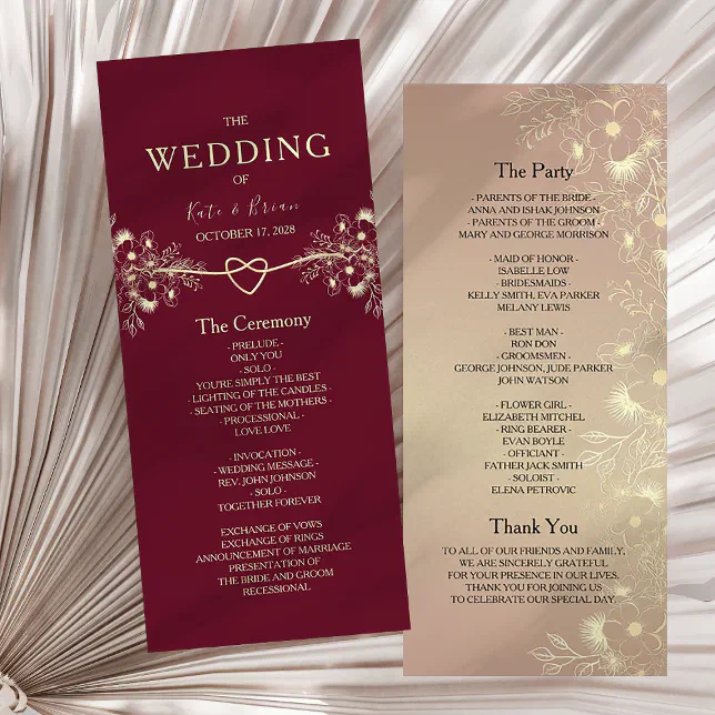Elegant Burgundy Gold Floral Wedding Program | Zazzle