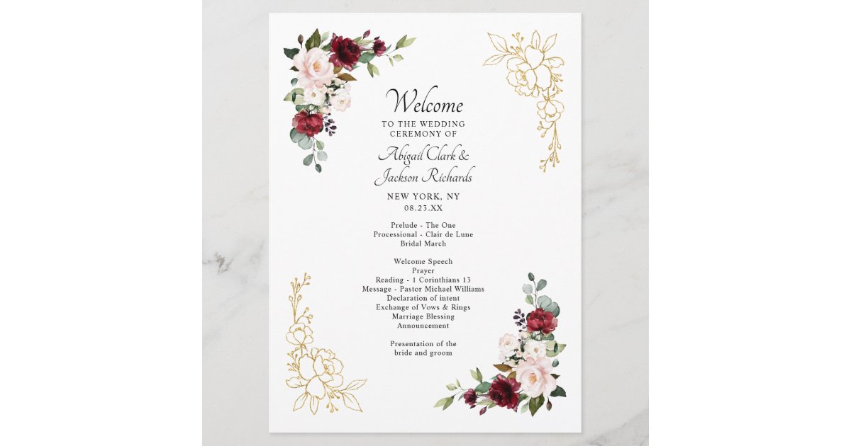 Elegant Burgundy Gold Foil Floral Wedding Ceremony Program | Zazzle