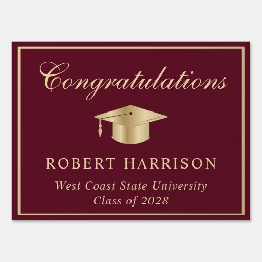 Elegant Burgundy Gold Graduation Congratulations Sign | Zazzle