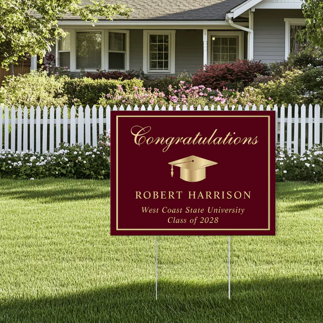 Elegant Burgundy Gold Graduation Congratulations Sign | Zazzle