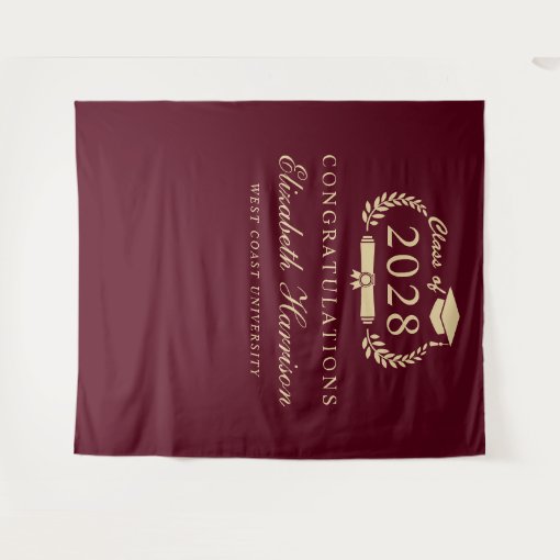 Elegant Burgundy Gold Graduation Party Welcome Tapestry | Zazzle