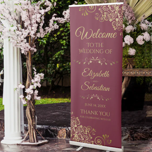Elegant Burgundy & Gold Lacy Wedding Welcome Retractable Banner | Zazzle