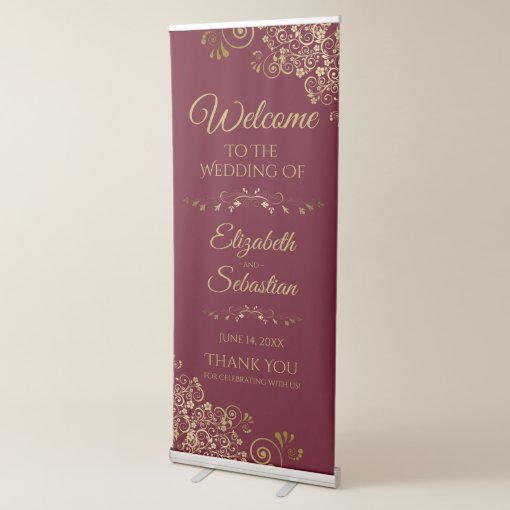 Elegant Burgundy & Gold Lacy Wedding Welcome Retractable Banner | Zazzle