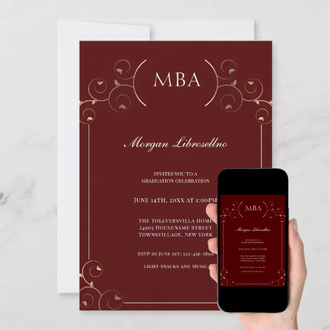 Elegant Burgundy Gold MBA Graduation Invitation | Zazzle