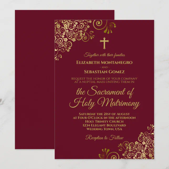 Elegant Burgundy & Gold Modern Catholic Wedding Invitation | Zazzle