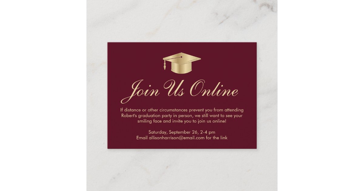 Elegant Burgundy Gold Online Graduation Party Enclosure Card | Zazzle